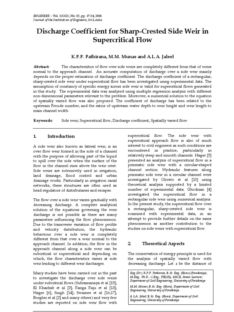 Discharge Coefficient For Sharp-Crested Side Weir in Supercritical Flow PDF | PDF | Correlation ...