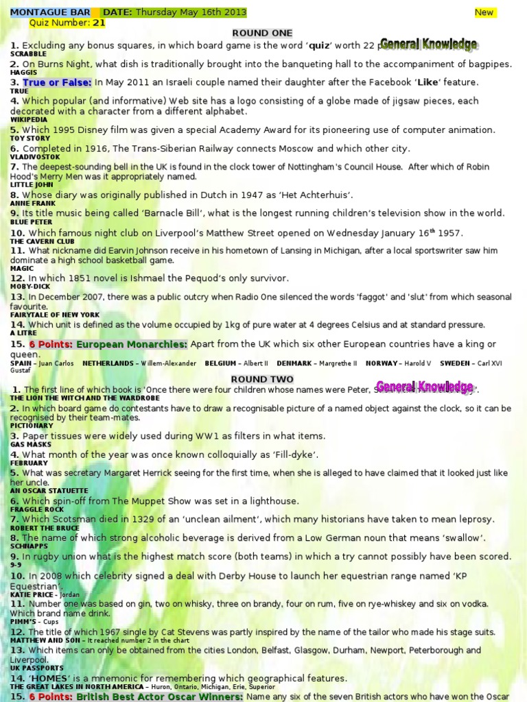 Pub Quiz Questions | PDF | Leisure