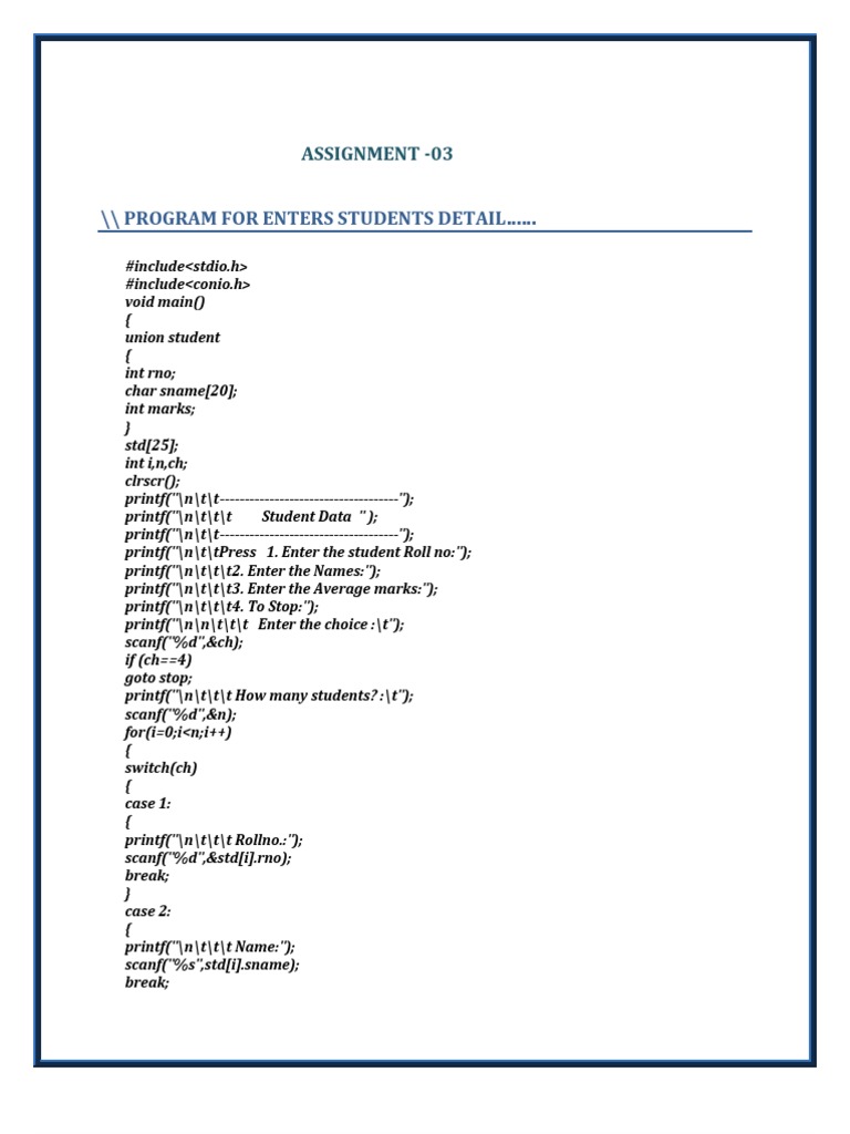 Assignment - 03: // Program For Enters Students Detail | PDF | Teaching ...