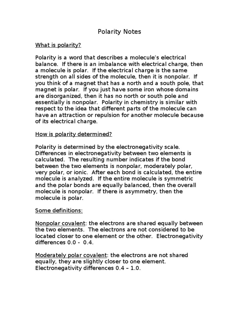 Polarity Notes | PDF | Chemical Polarity | Chemical Bond