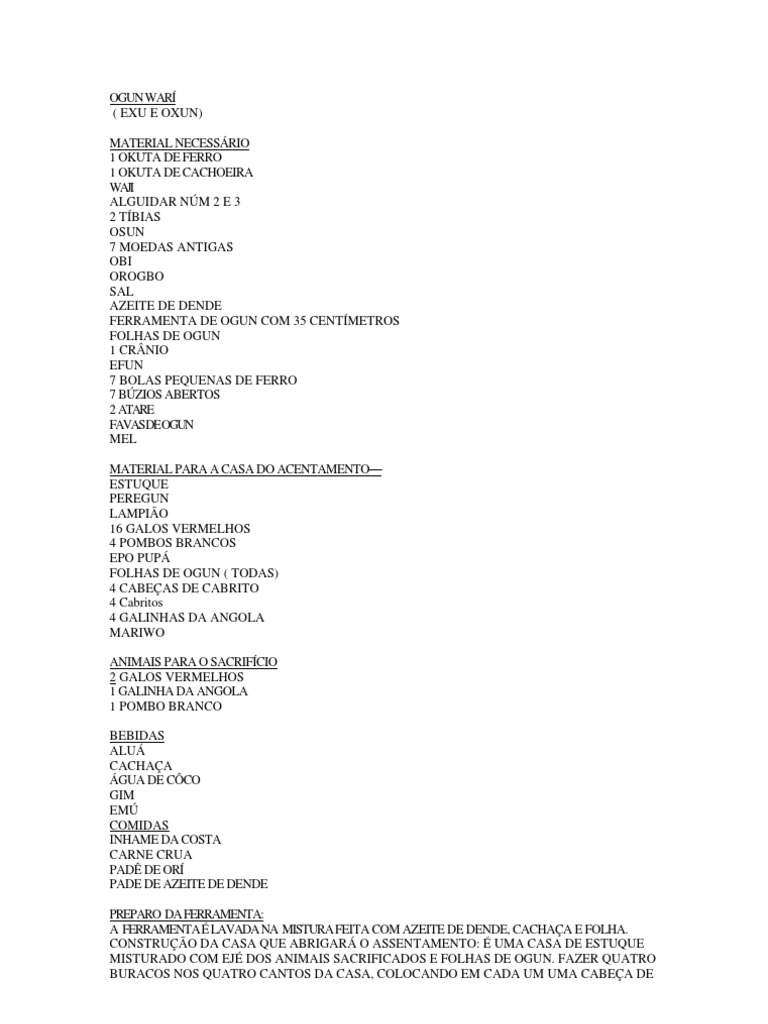 Assentamento de Ogun: Materiais e Ritual | PDF | Gastronomia, comida e vinho