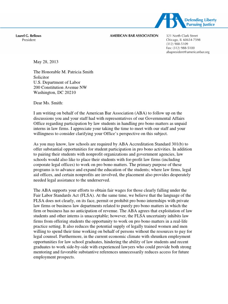 ABA Letter To Dept. of Labor: Legality of Unpaid Interns | PDF ...