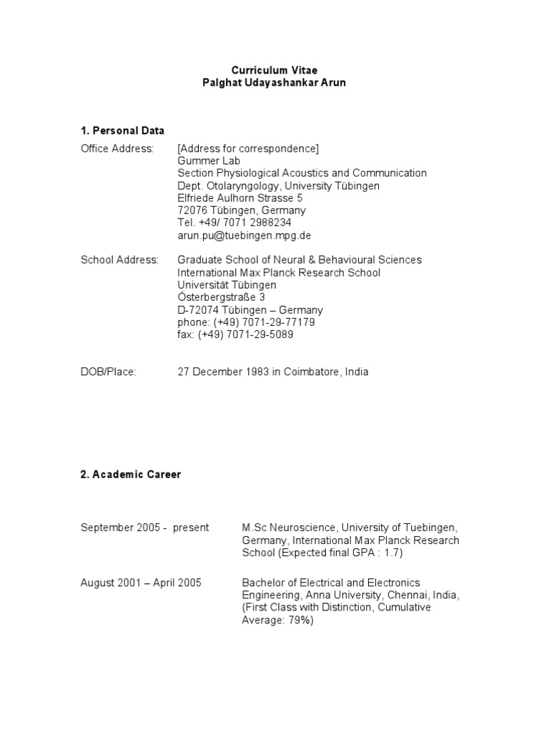 Neuroscience CV: Palghat Udayashankar Arun | PDF