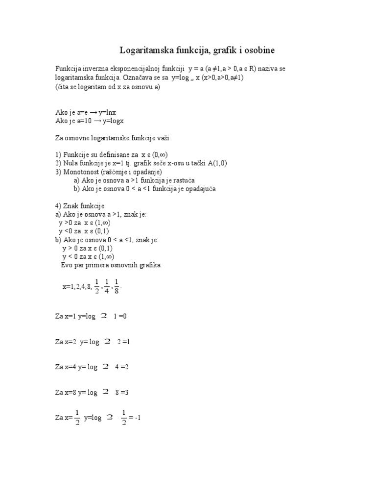 Logaritamska Funkcija, Grafik i Osobine
