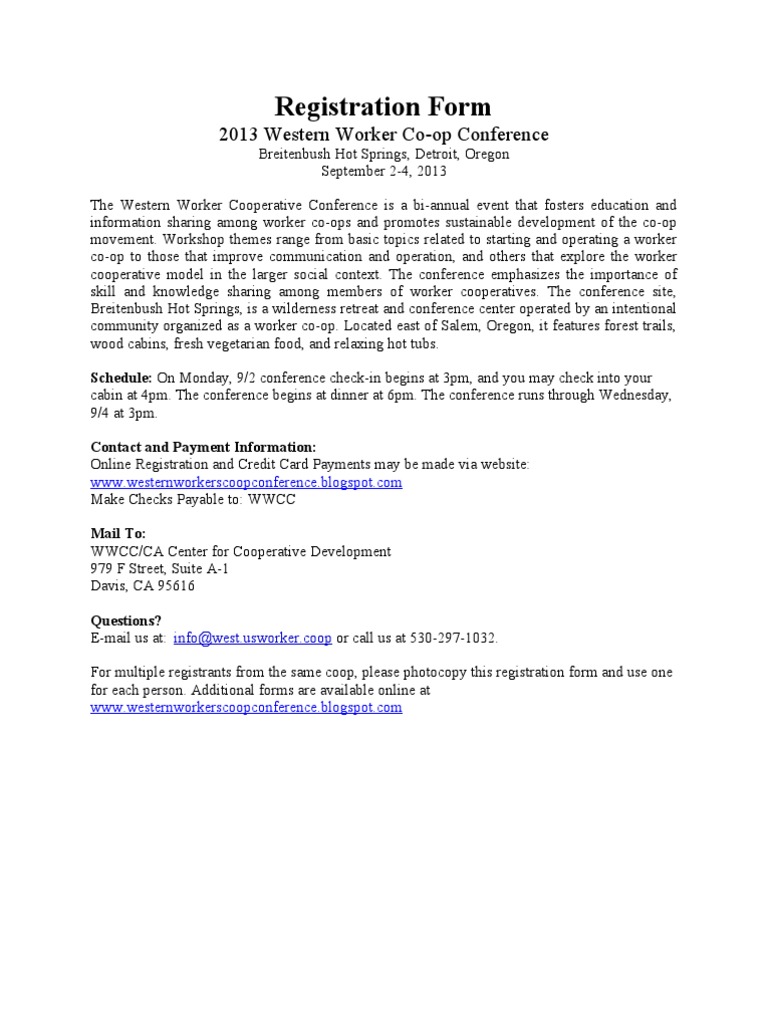 2013 WWCC Registration Form | PDF | Cooperative | Fee