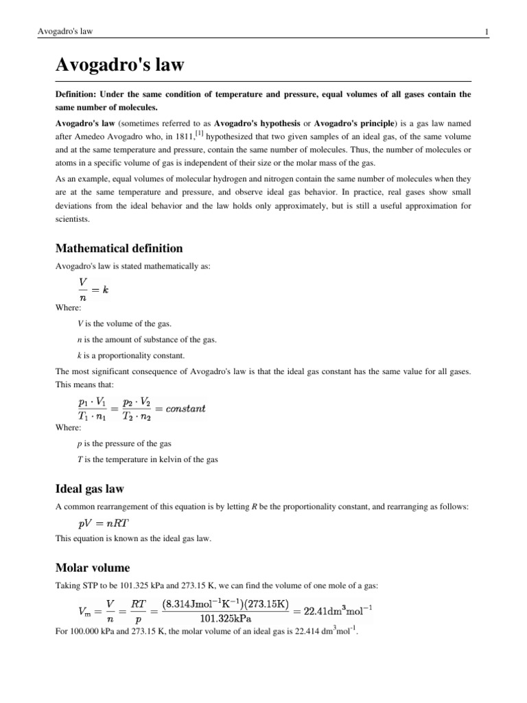 Avogadro's Law | PDF | Gases | Mathematical Physics
