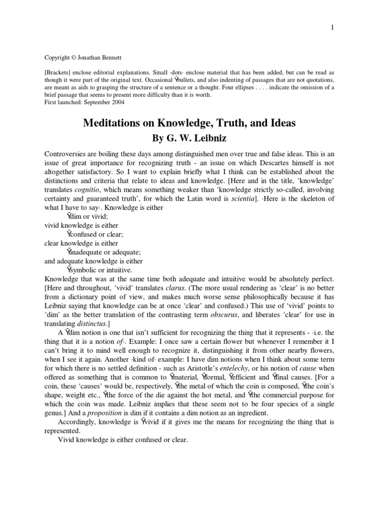 Leibniz - Meditations On Knowledge, Truth, and Ideas | PDF | Argument ...