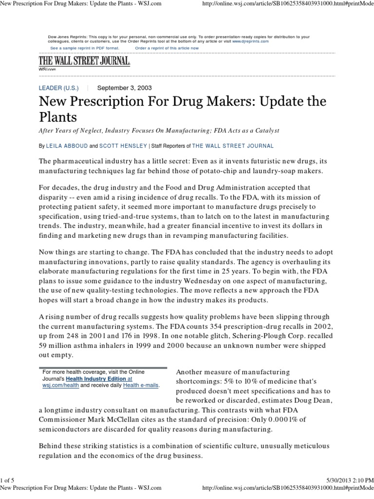 New Prescription For Drug Makers - Update The Plants - WSJ | PDF | Food ...