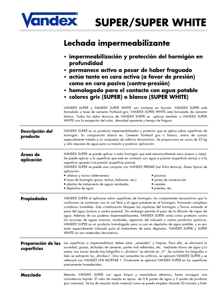 Ficha Tecnica Vandex Super | PDF | Hormigón | Cemento