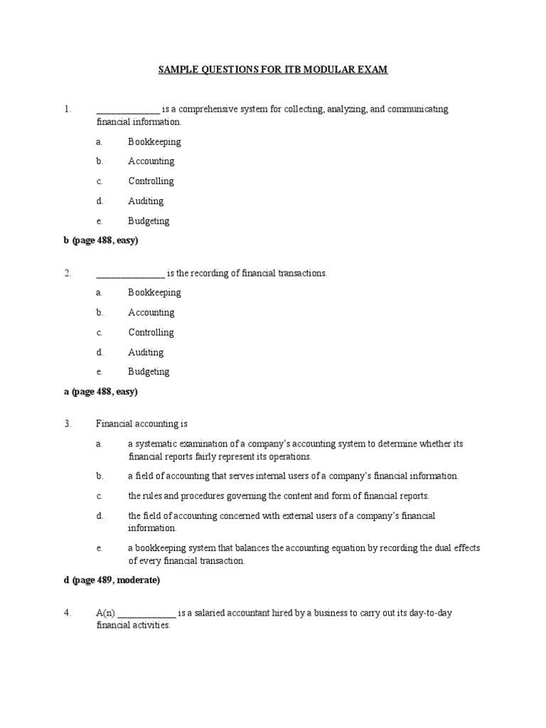 ITB Modular Exam Sample Questions | PDF | Bookkeeping | Accounting