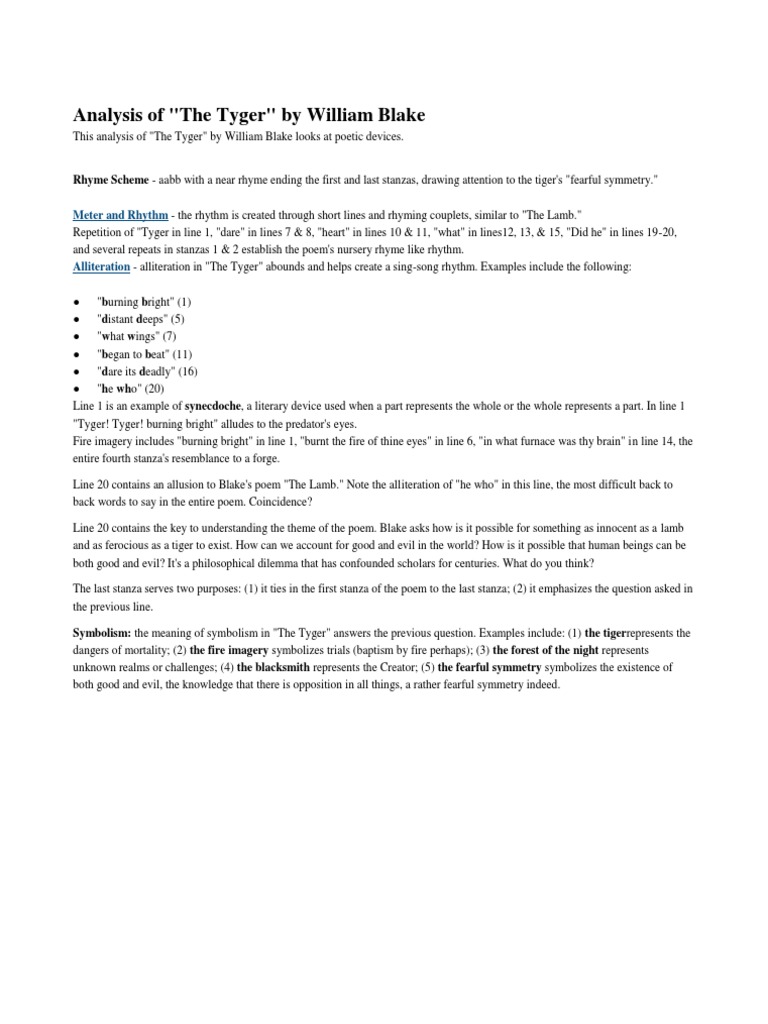 Analysis of "The Tyger" by William Blake: Meter and Rhythm | PDF