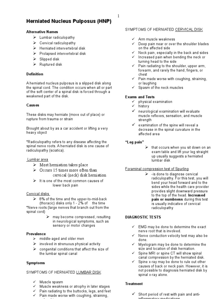 Handout Orthopedic Nursing HNP (Herniated Nucleus Pulposus) | PDF ...