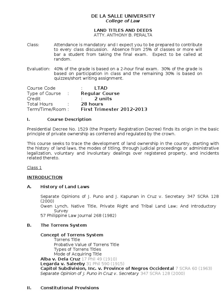 Land Titles and Deeds Outline 2012.0516 | PDF | Private Law | Property Law
