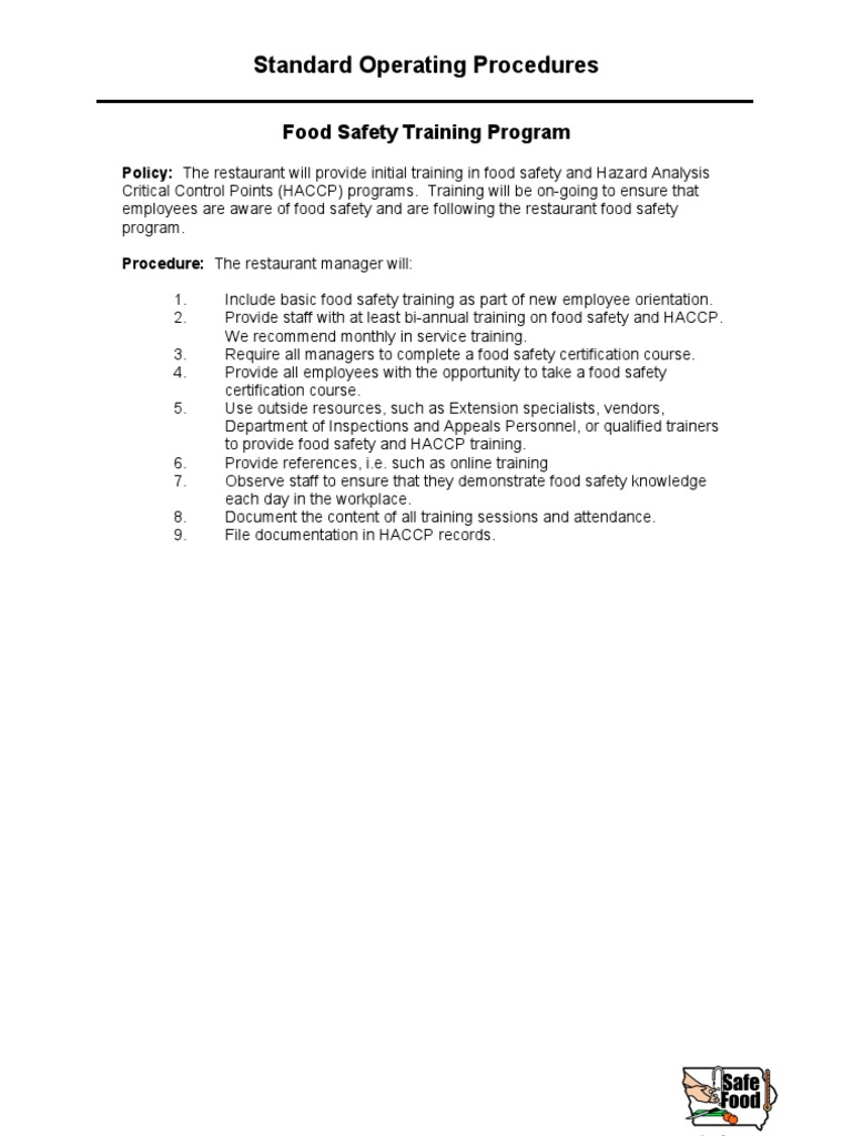 Food Safety Training SOP for Restaurants | PDF | Business