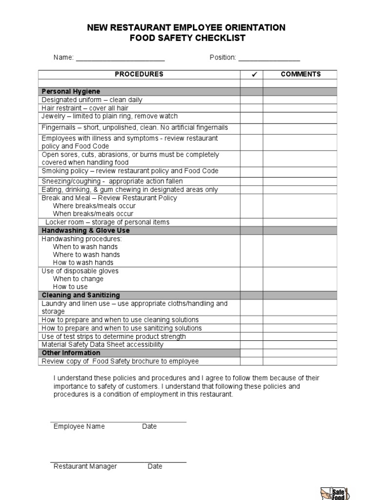 New Restaurant Employee Orientation Food Safety Checklist: Procedures Ü ...