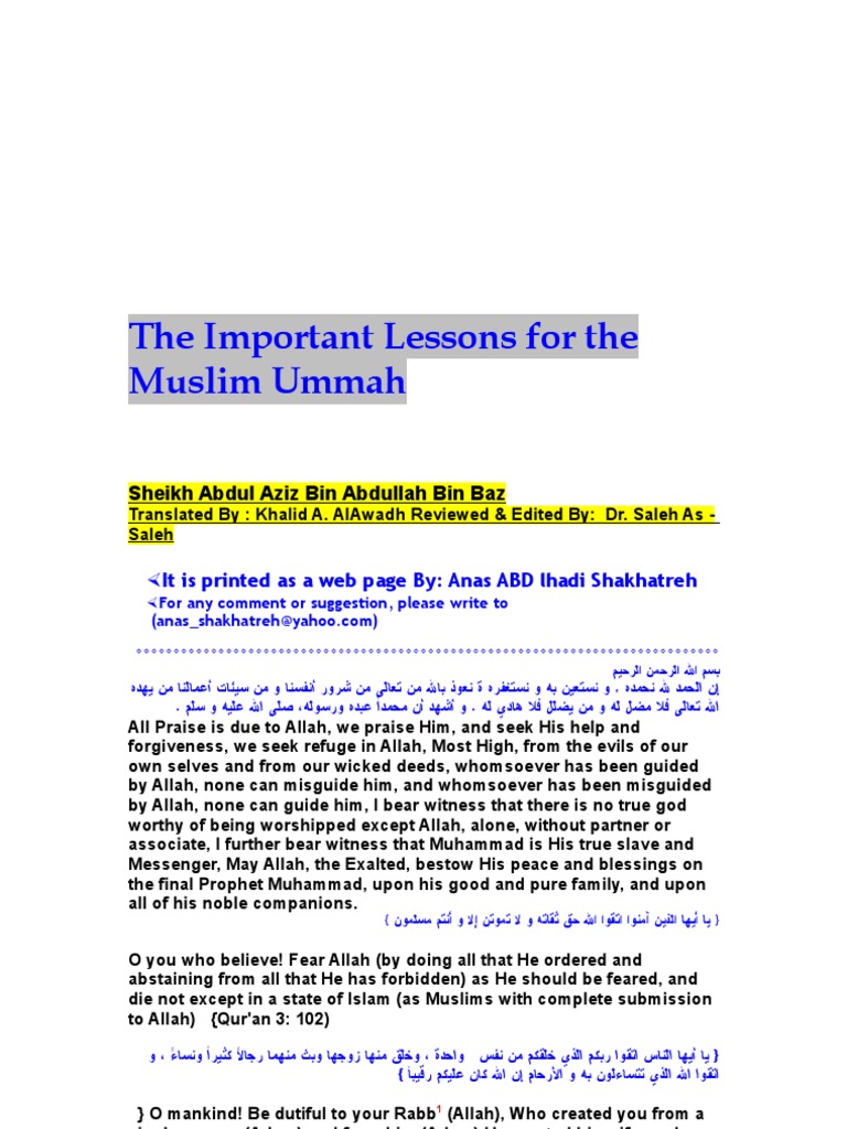 The Important Lessons For The Muslim Ummah | PDF | Abrahamic Religions ...