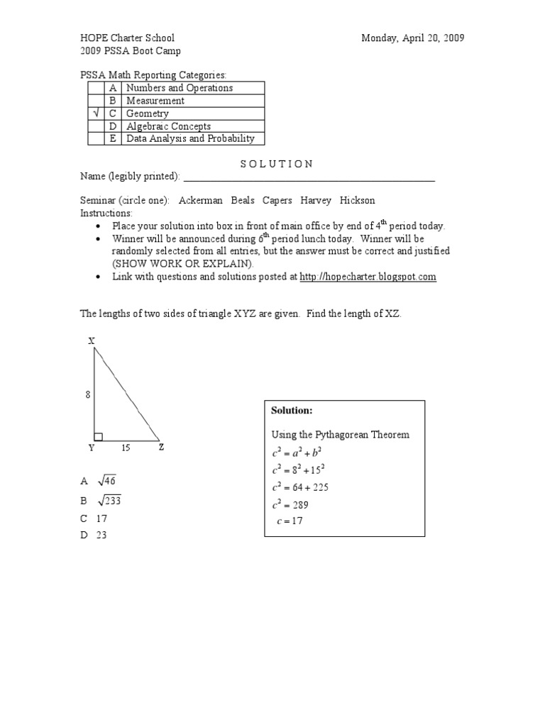 PSSA.20090420.C.pythagorean Theorem, Right Triangle - Solution | PDF