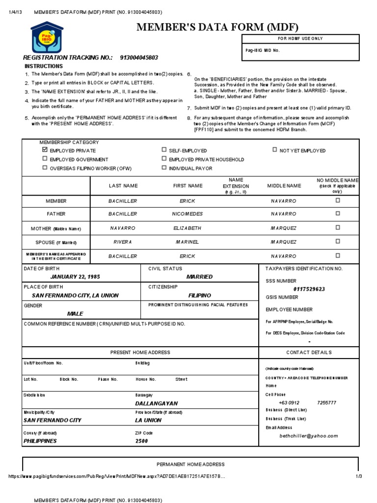 Member's Data Form (MDF) Print (No | PDF | Birth Certificate | Government