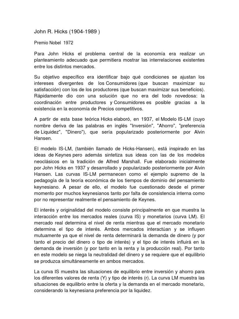 John R. Hicks | PDF | Economía keynesiana | Modelo conceptual
