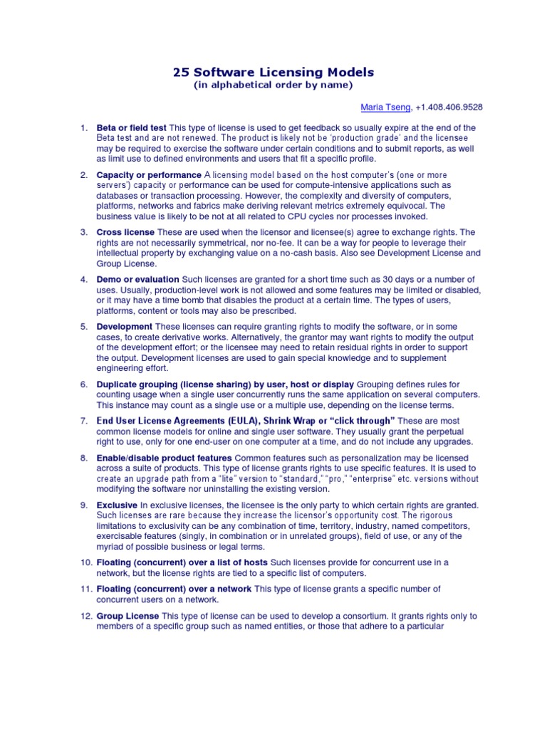 25 Software Licensing Models: (In Alphabetical Order by Name) | PDF ...