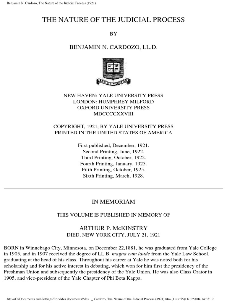 Benjamin N. Cardozo, The Nature of The Judicial Process (192 | PDF ...