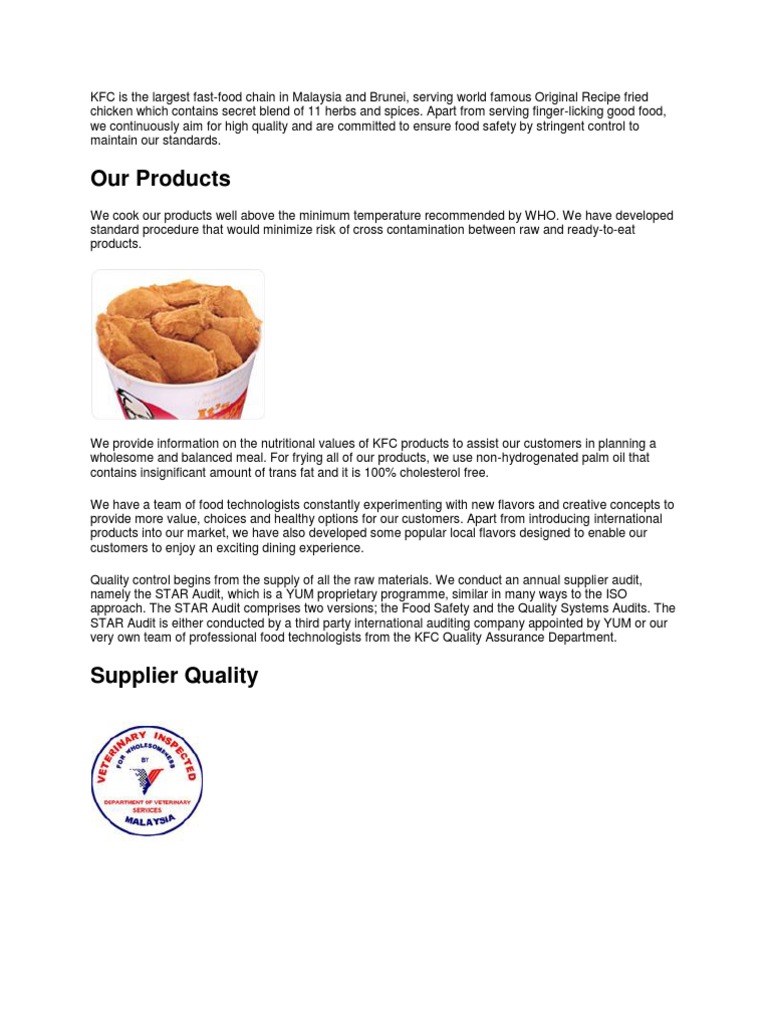KFC Is The Largest Fast | PDF | Foods | Hazard Analysis And Critical ...