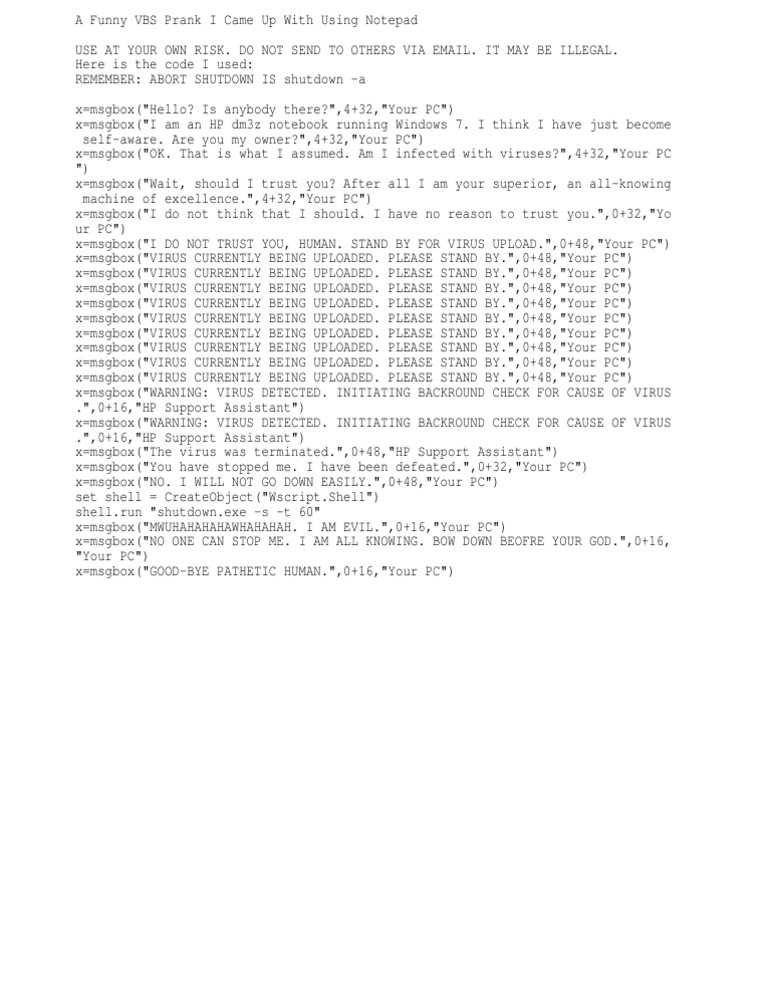A Funny VBS Prank I Came Up With Using Notepad | PDF | Virus | Computing
