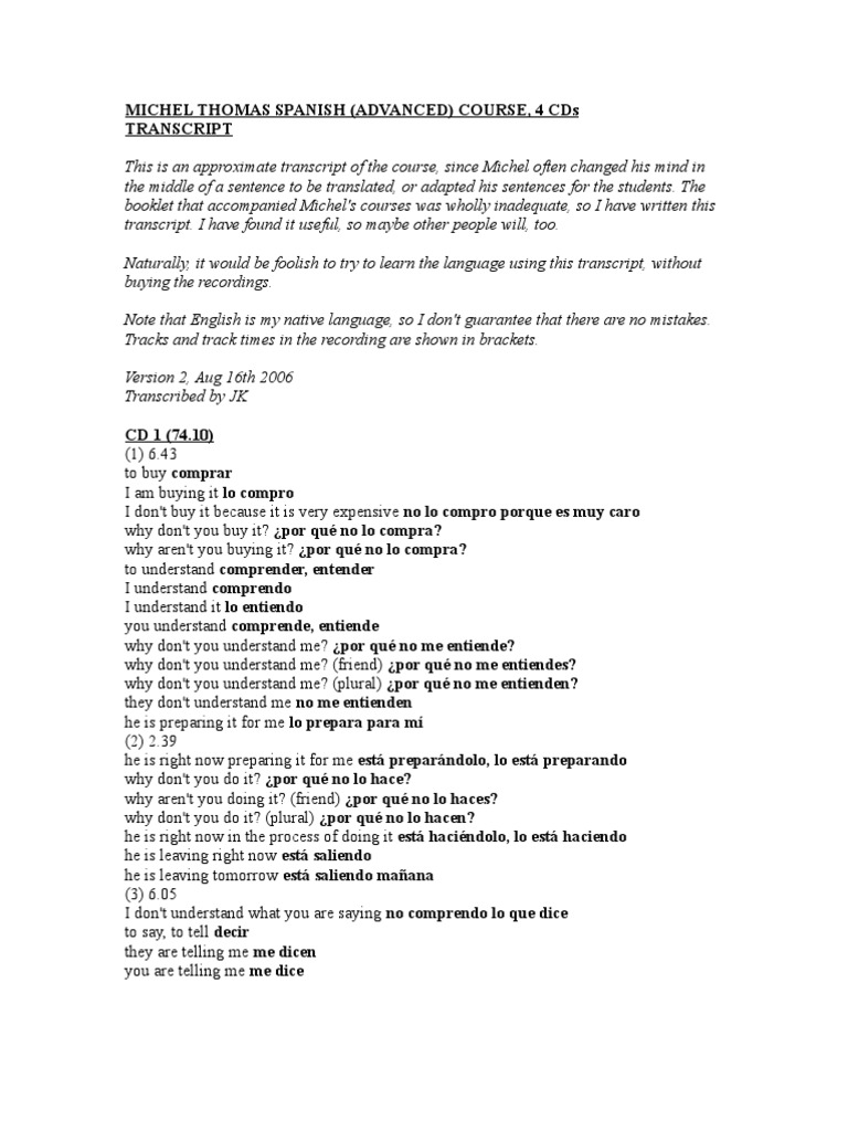 Advanced Spanish Transcript: A Detailed Transcription of Michel Thomas ...