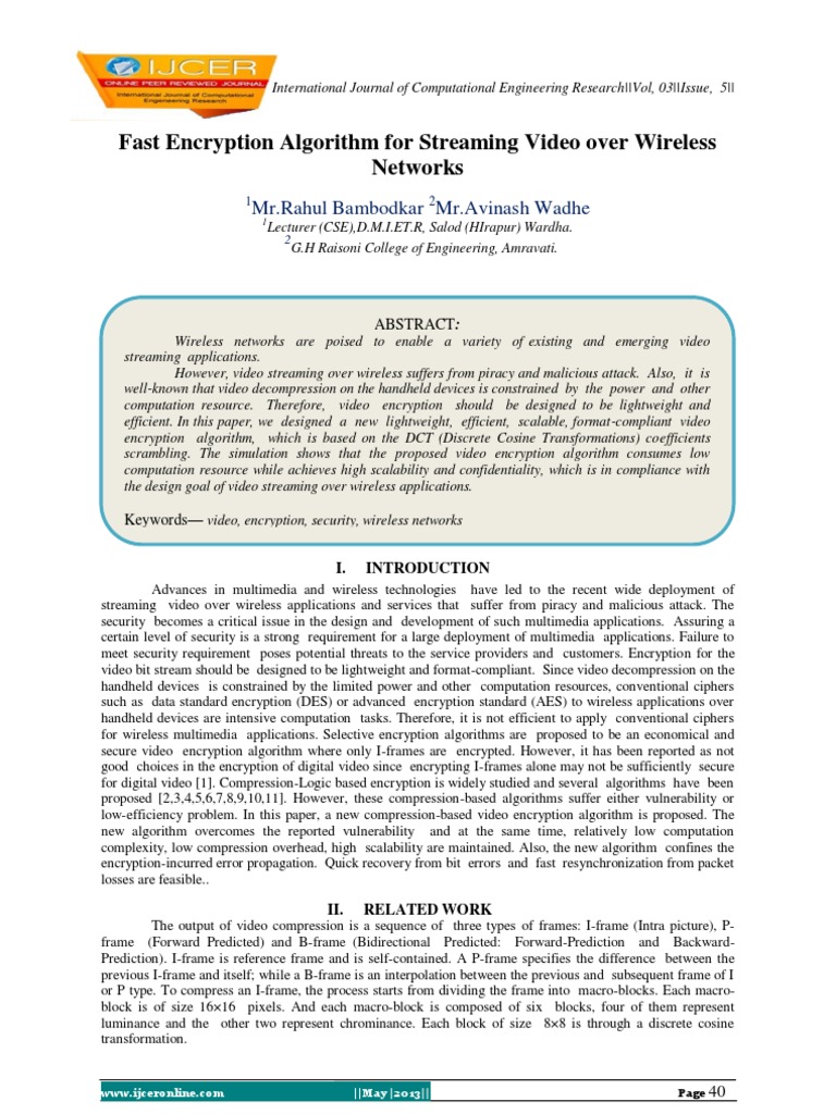 Fast Encryption Algorithm For Streaming Video Over Wireless Networks ...