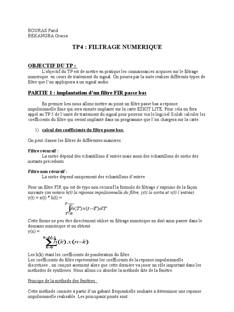Filtrage Numérique : Filtre FIR Passe Bas | PDF | Filtre (électronique ...