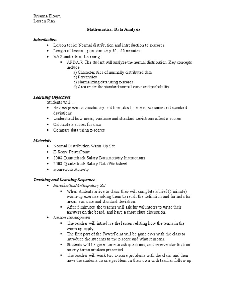 Data Analysis Lesson Plan | PDF | Standard Score | Normal Distribution