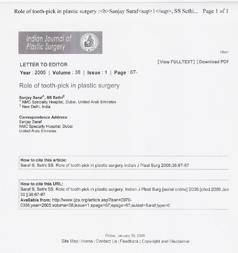 Plastic Surgery Insights: Tooth-Pick Use | PDF