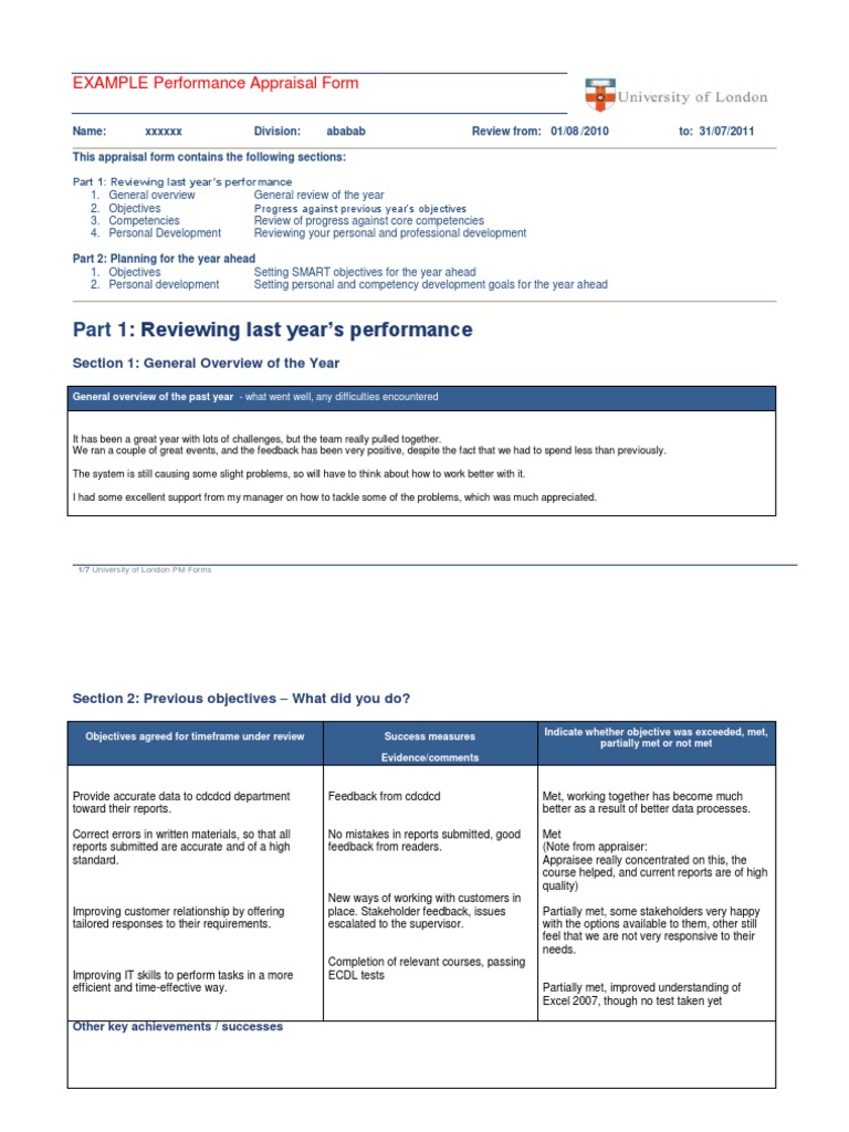 1: Reviewing Last Year's Performance: EXAMPLE Performance Appraisal ...