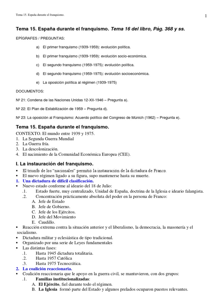 Esquema Tema 15 España Durante El Franquismo | PDF | España franquista | Francisco franco