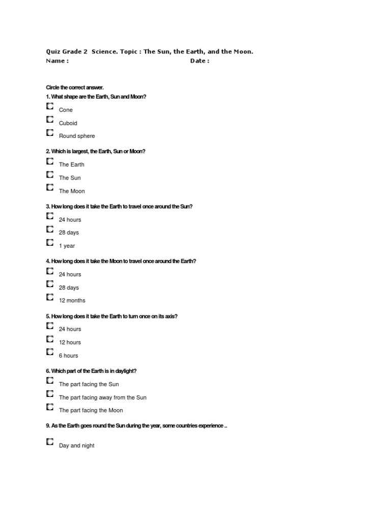 Grade 2 Science Quiz: Sun, Earth, Moon | PDF