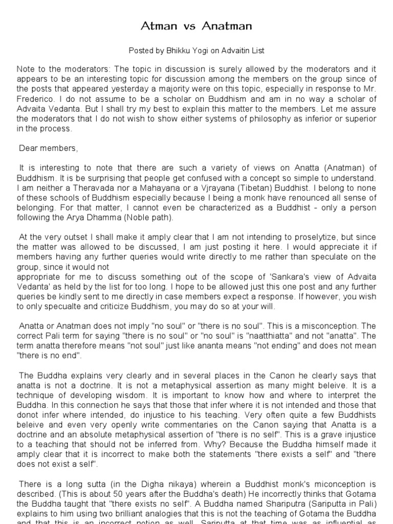 Atman Vs Anatman: Posted by Bhikku Yogi On Advaitin List | PDF | Ātman ...