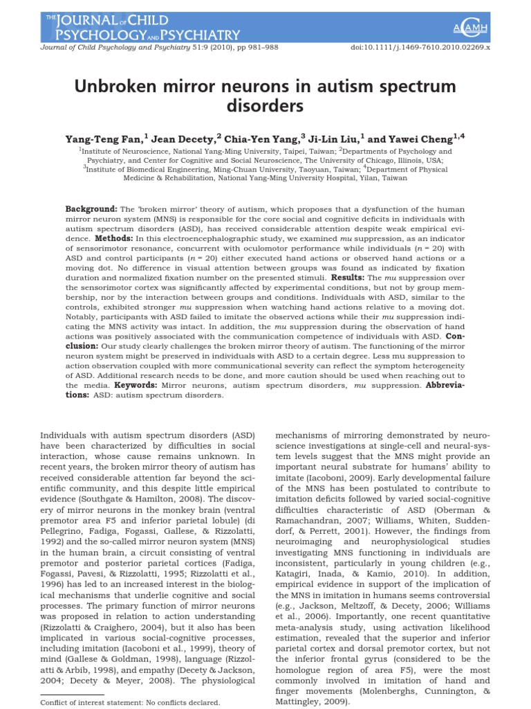 Unbroken Mirror Neurons in Autism Spectrum | PDF | Autism Spectrum | Autism