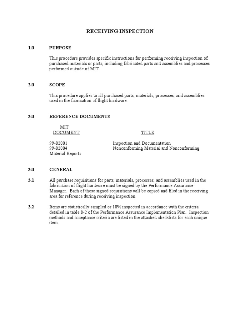 Receiving Inspection: 1.0 Purpose | PDF | Tag (Metadata ...