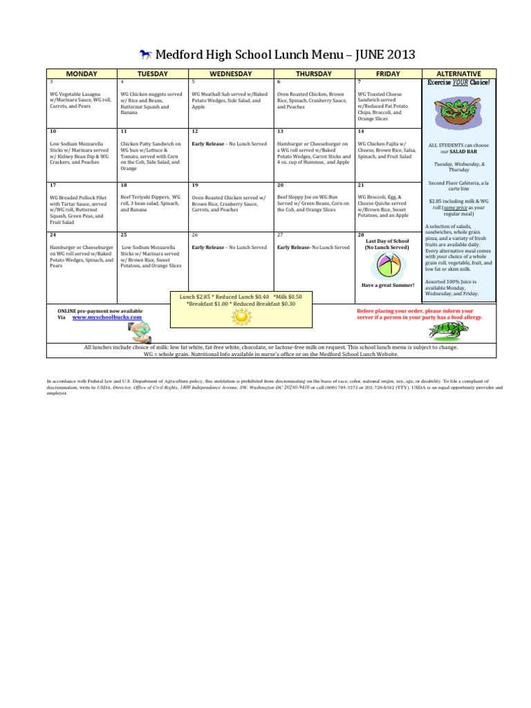 Medford High School June Lunch Menu | PDF | Lunch | Hamburgers