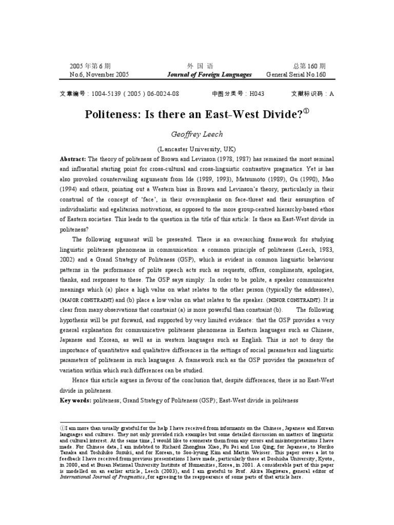 Leech 2007 Politeness | PDF | Relativism | Semiotics