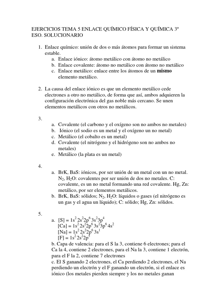 Ejercicios Tema 5 Enlace Químico Física Y Química 3º Eso Pdf Enlace