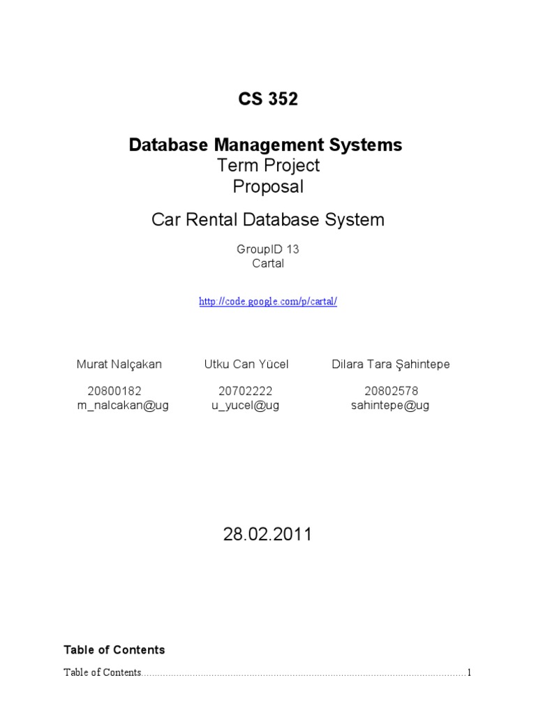 CS 352 Database Management Systems: Term Project Proposal Car Rental Database System | PDF ...