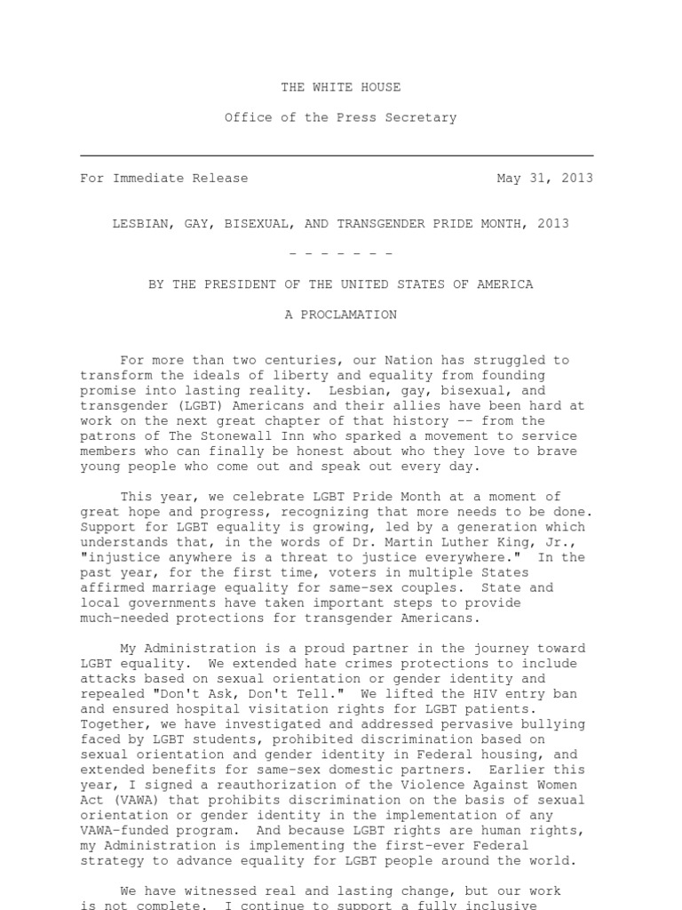 2013 LGBT Pride Month Proclamation | PDF | Lgbt | LGBTQIA+ Studies