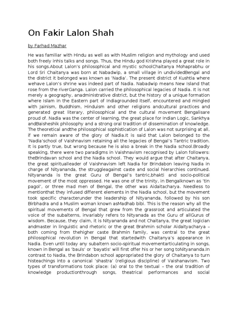 On Fakir Lalon Shah | PDF | Tantra | Vaishnavism