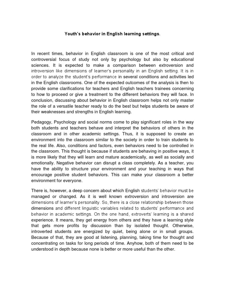 Youth S Bahavior in English Learning Settings | PDF | Extraversion And ...