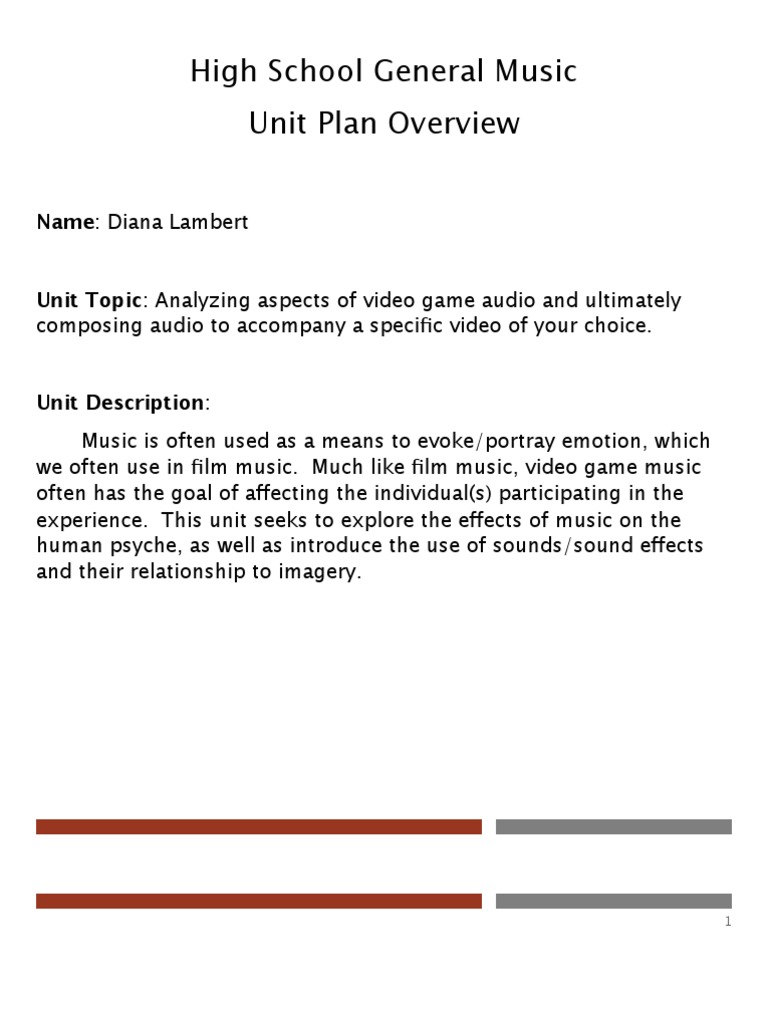 High School General Music Unit Plan Overview: Name: Diana Lambert | PDF ...