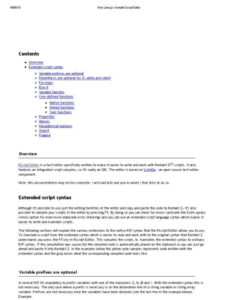 Kontakt Script Editor Guide | PDF | C (Programming Language) | Subroutine