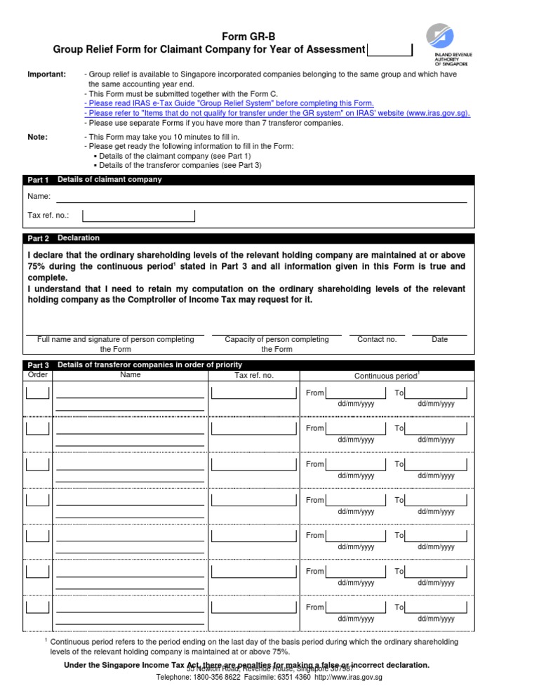 Group Relief Form For Claimant Company For Year of Assessment Form GR-B ...