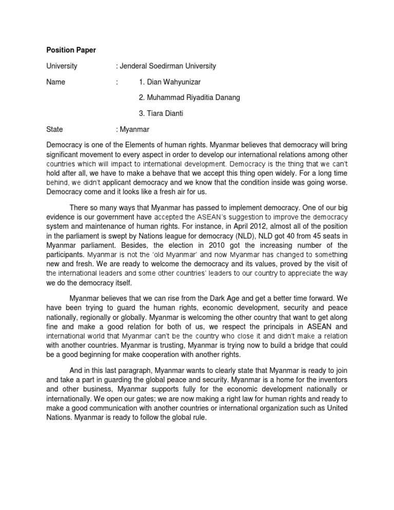 Position Paper "Myanmar" | PDF | Myanmar | Democracy