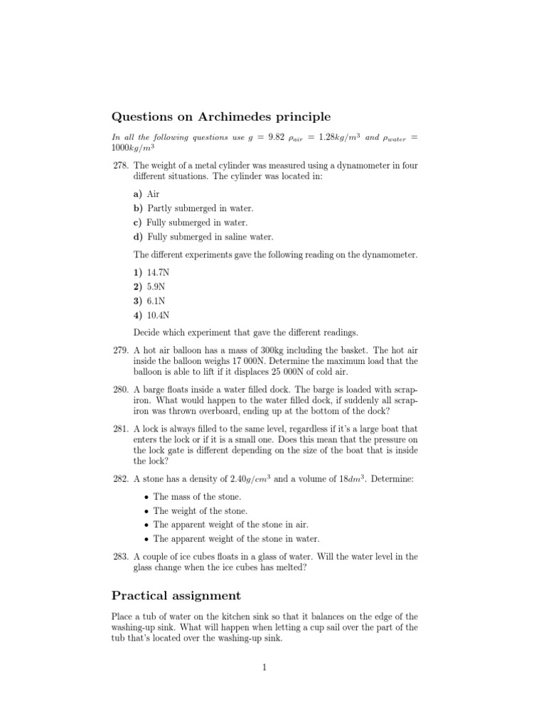 Archimedes Principle Practice Questions | PDF | Buoyancy | Density